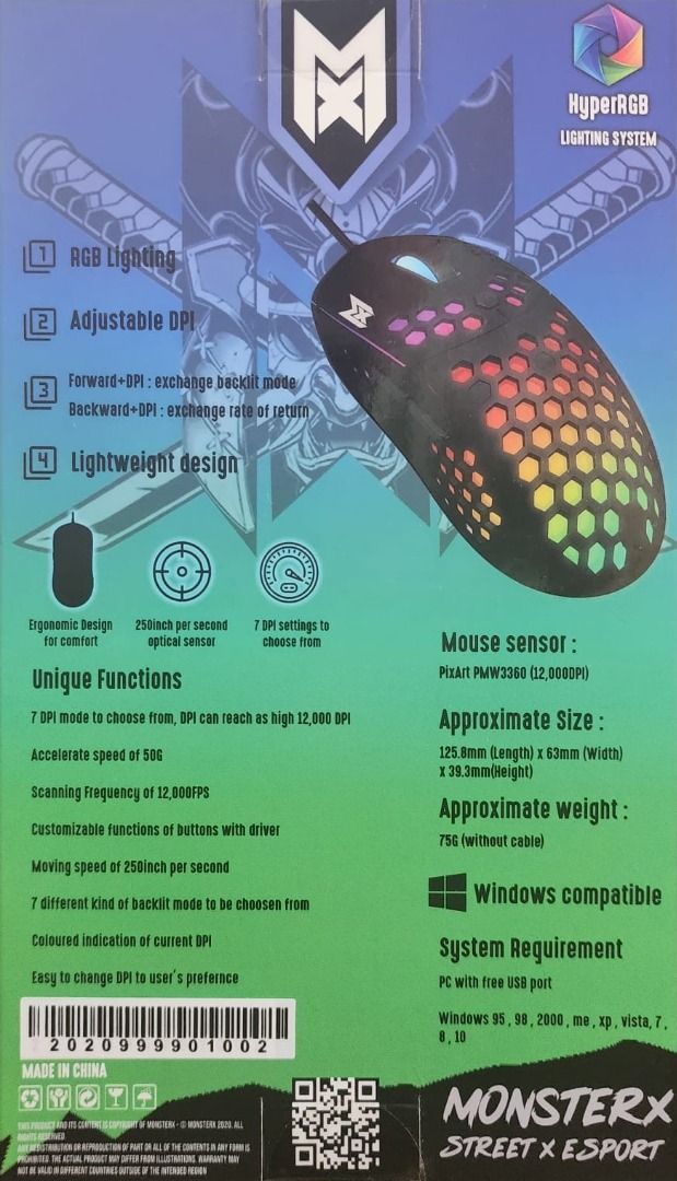 MonsterX BAKU Wired Esports Mouse 12000 DPI PIXART PMW 3360 Optical ...