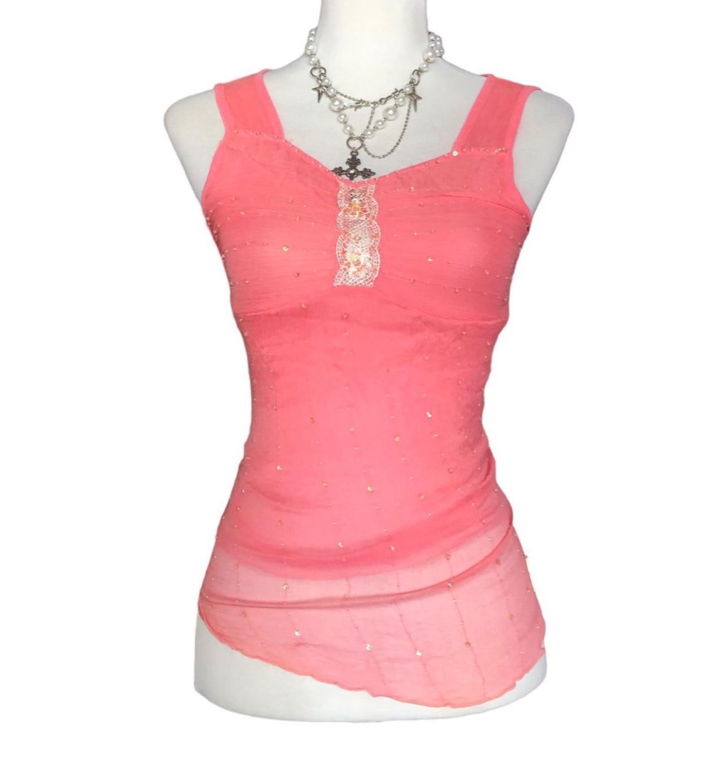 Mermaid sequins gems bubblegum pink peachy flowy sleeveless top y2k early 2000s vintage summer ...