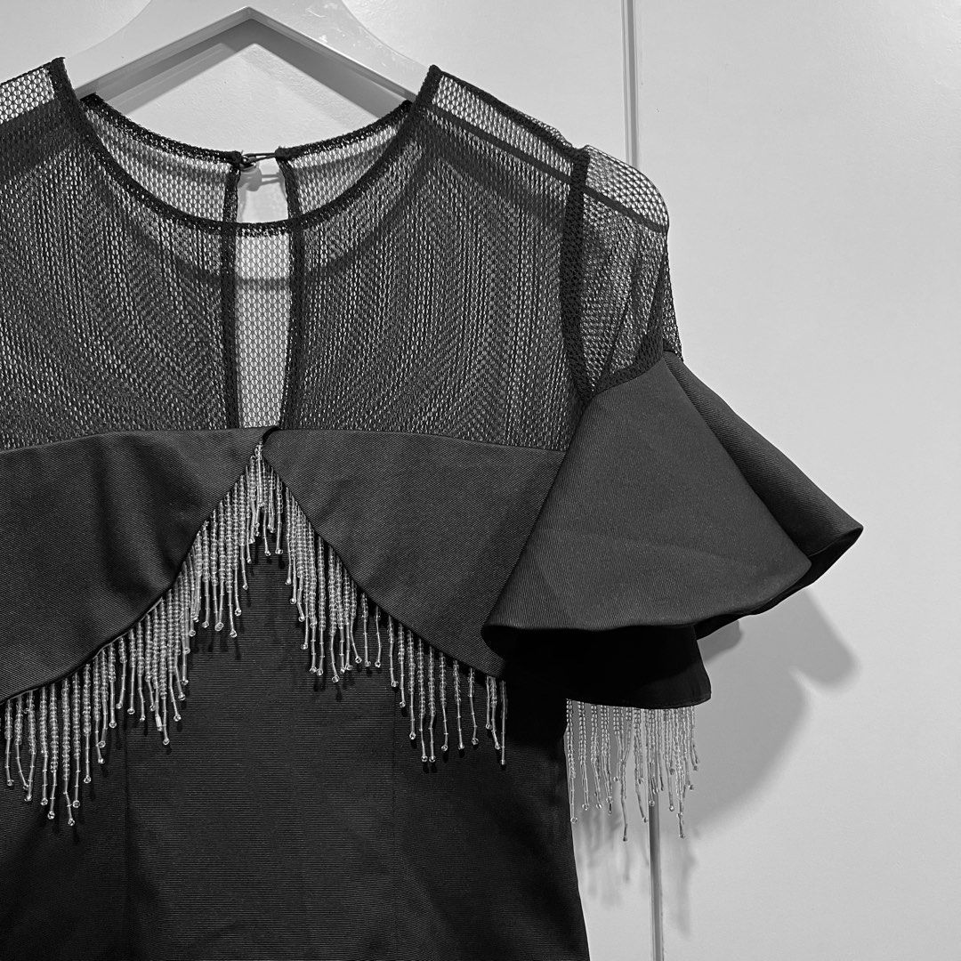 ByThian Designer Embellished Flare Mesh Mini Dinner Dress in Black ...