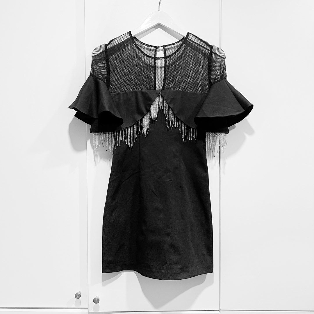 ByThian Designer Embellished Flare Mesh Mini Dinner Dress in Black ...