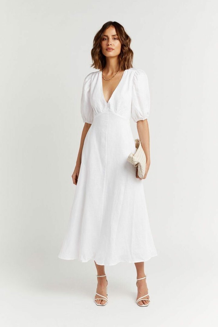 DISSH Remi White Linen Midi Dress, Women's Fashion, Dresses & Sets ...