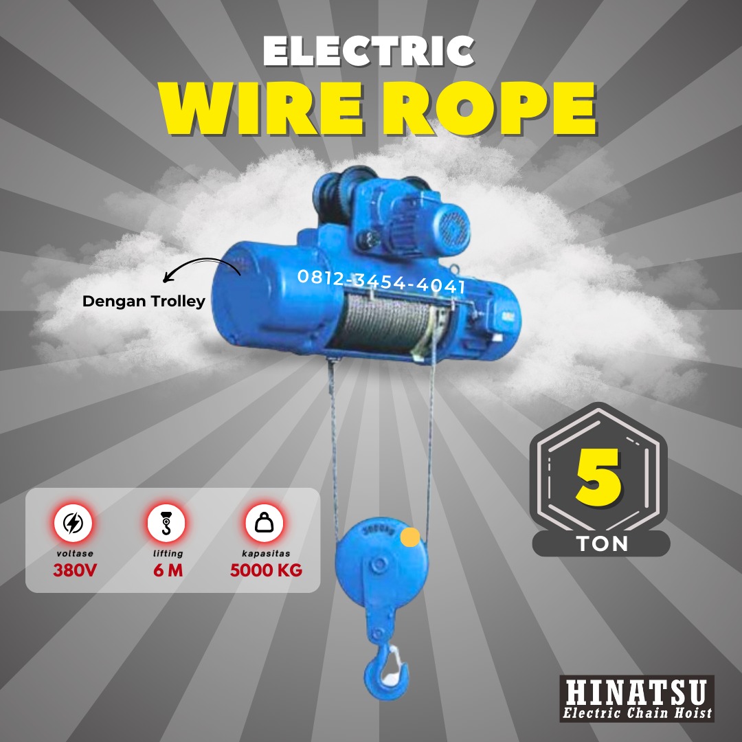 Katrol Listrik Wire Rope 5 Ton Lifting 6 Meter 3 Phase, Elektronik ...