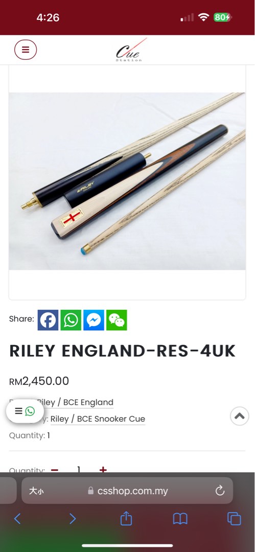 Snooker Cue Riley England, Sports Equipment, Sports & Games, Billiards ...