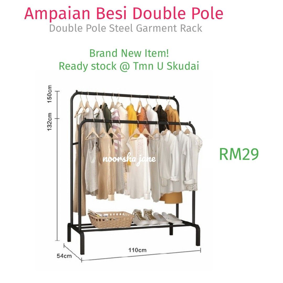 Ampaian Besi Double Pole Rack, Furniture & Home Living, Furniture ...