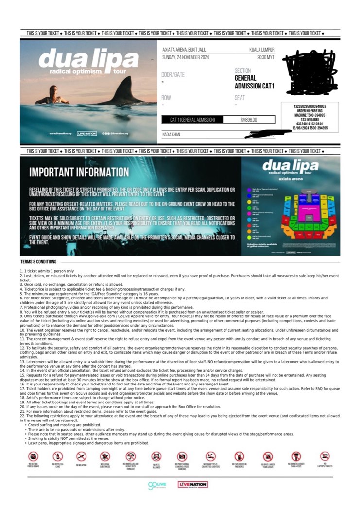 DUA LIPA CAT 1 1 ticket KUALA LUMPUR 24/11, Tickets & Vouchers, Event ...