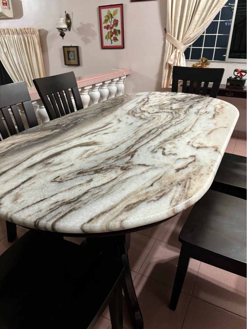 Real Marble top & solid wood dining table with dining chairs, Furniture ...