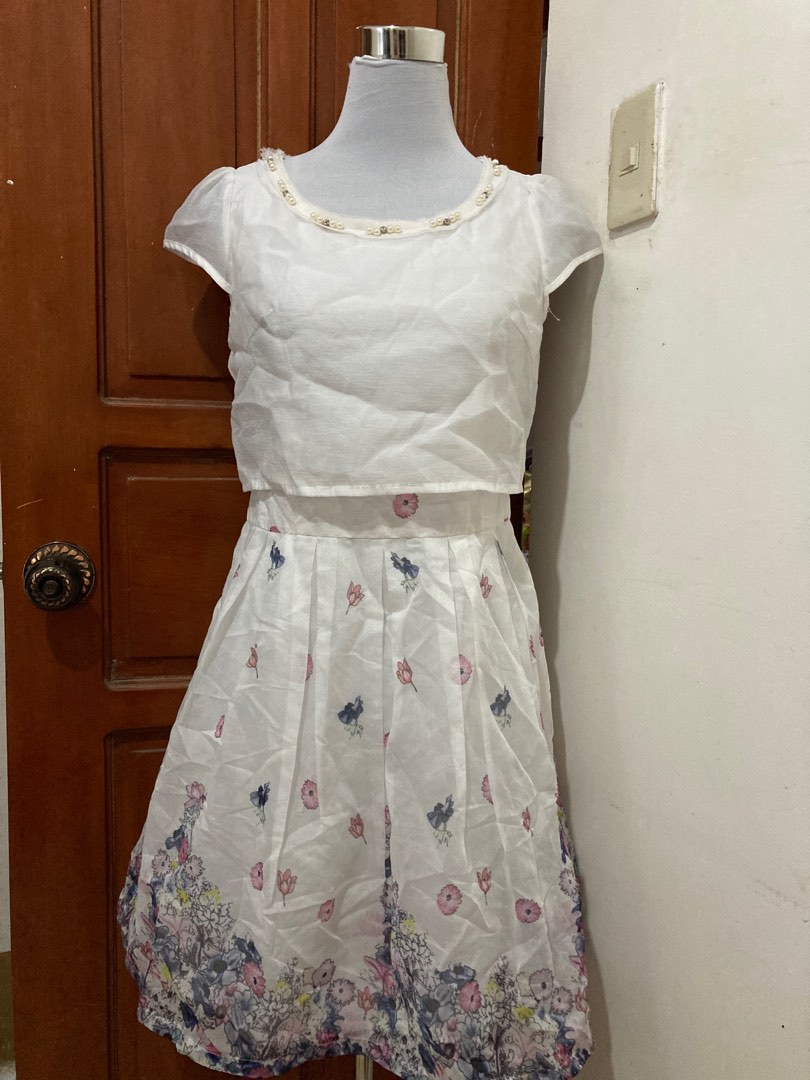 White Terno Cute Dress - Floral and Pearls, Women's Fashion, Dresses ...
