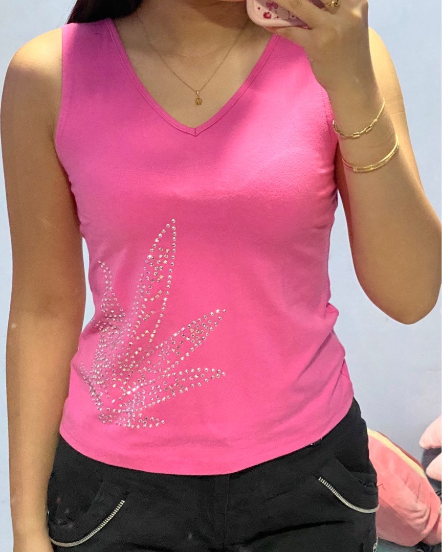 y2k pink rhinestone top, Women's Fashion, Tops, Blouses on Carousell