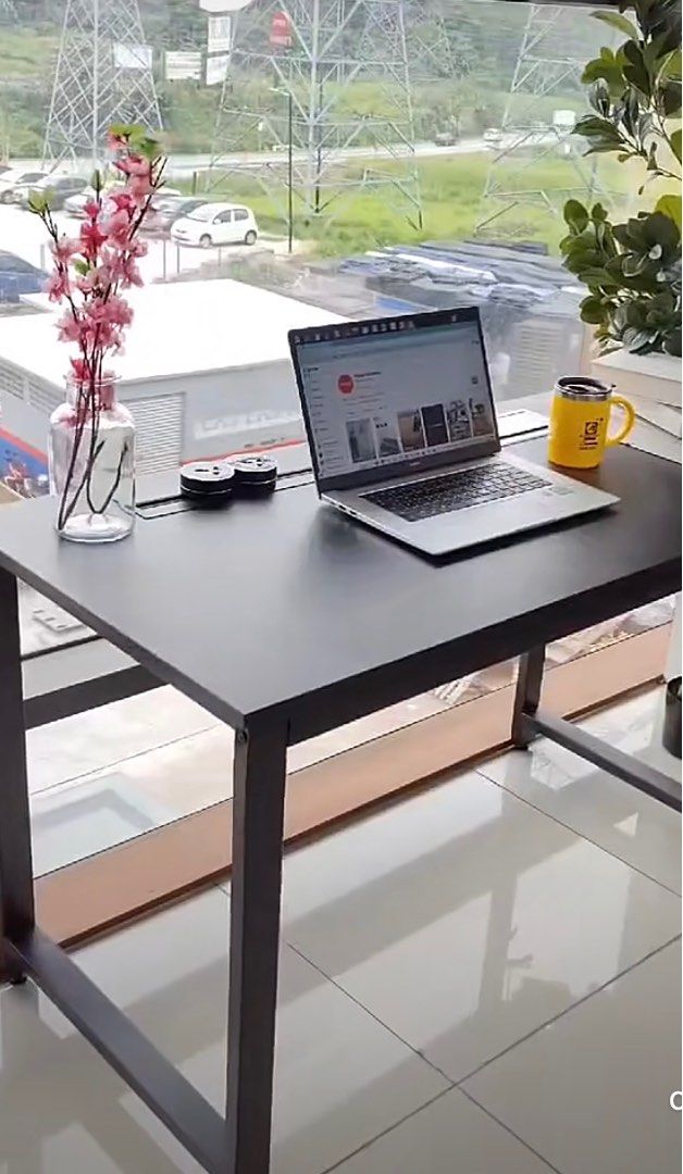 Black wood working office study Dining Table with metal legs / Meja ...