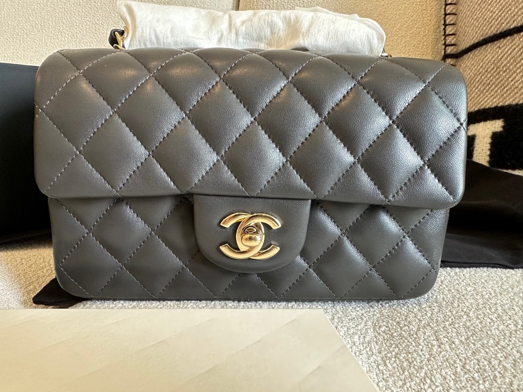 Chanel mini CF classic flap Dark Grey Lambskin Brand New, 名牌, 手袋及銀包 ...
