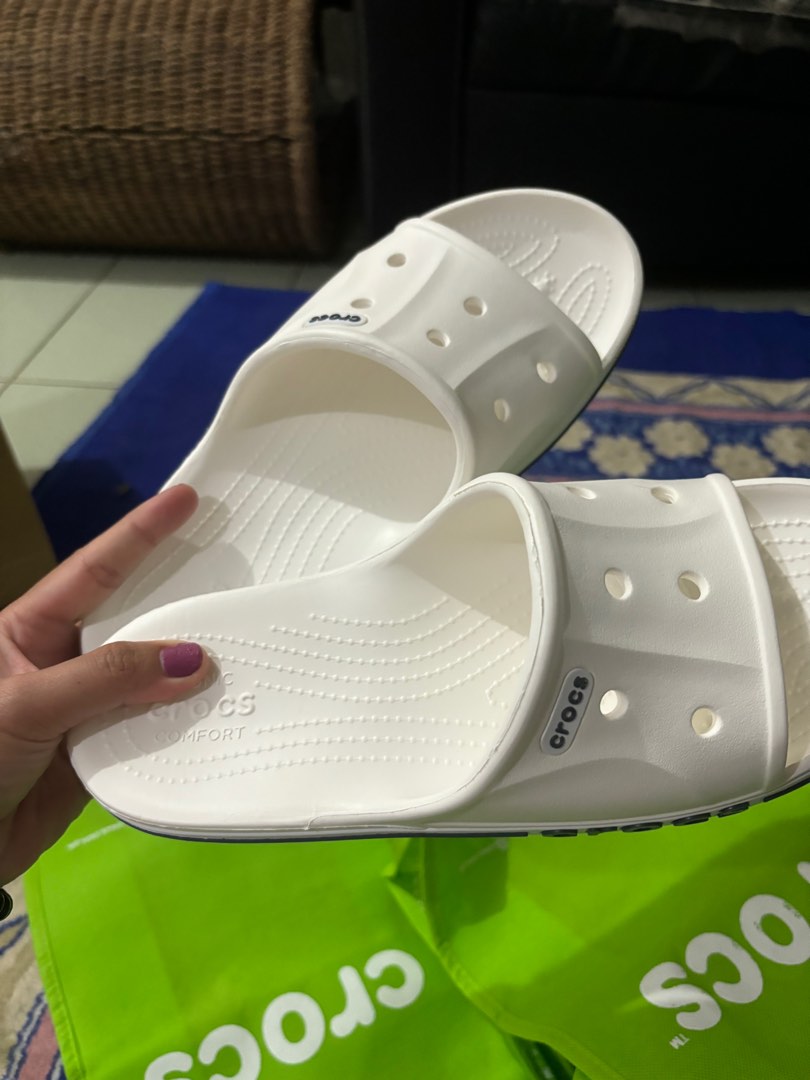 Crocs Unisex Bayaband Slide in White Navy, Women's Fashion, Footwear, Slippers and slides on ...