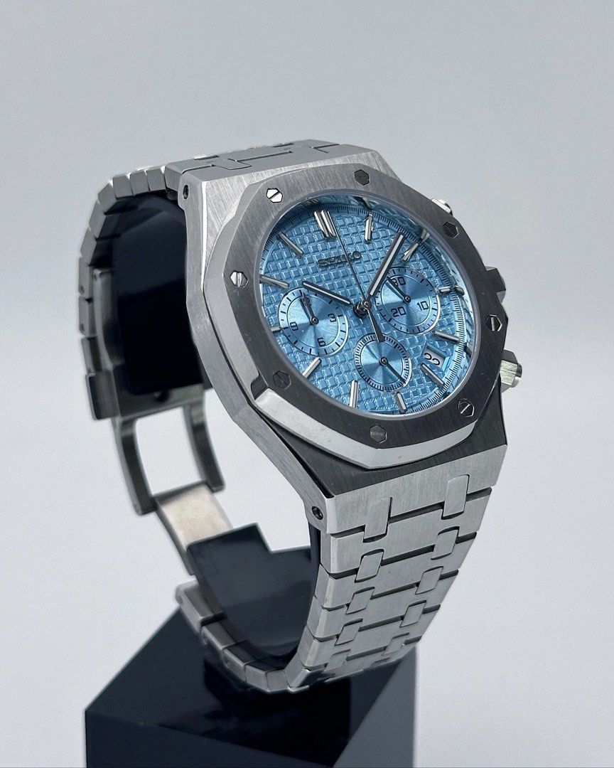 Custom Seiko Mod 42mm Ice Blue Quartz Chronograph AP Royal Oak, Men's ...