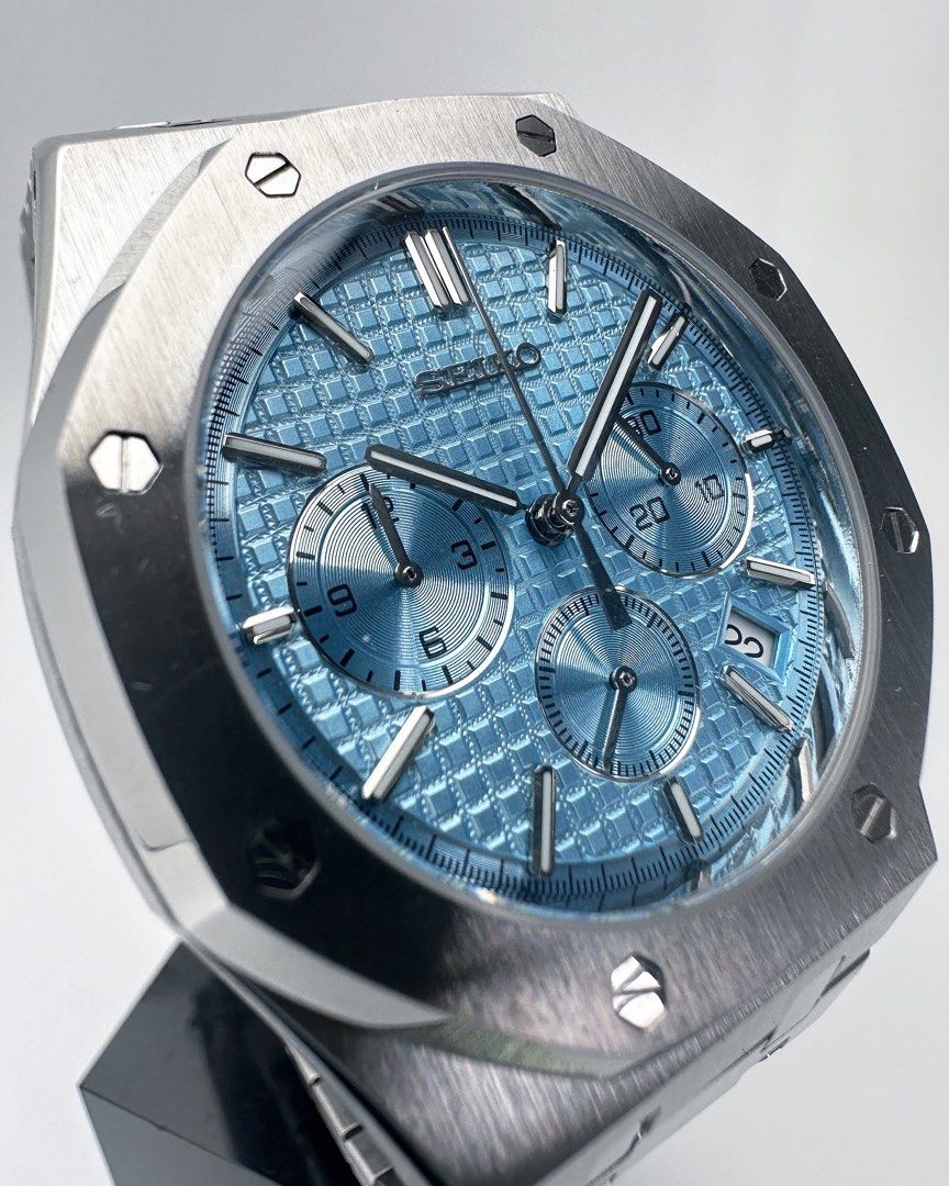 Custom Seiko Mod 42mm Ice Blue Quartz Chronograph AP Royal Oak, Men's ...