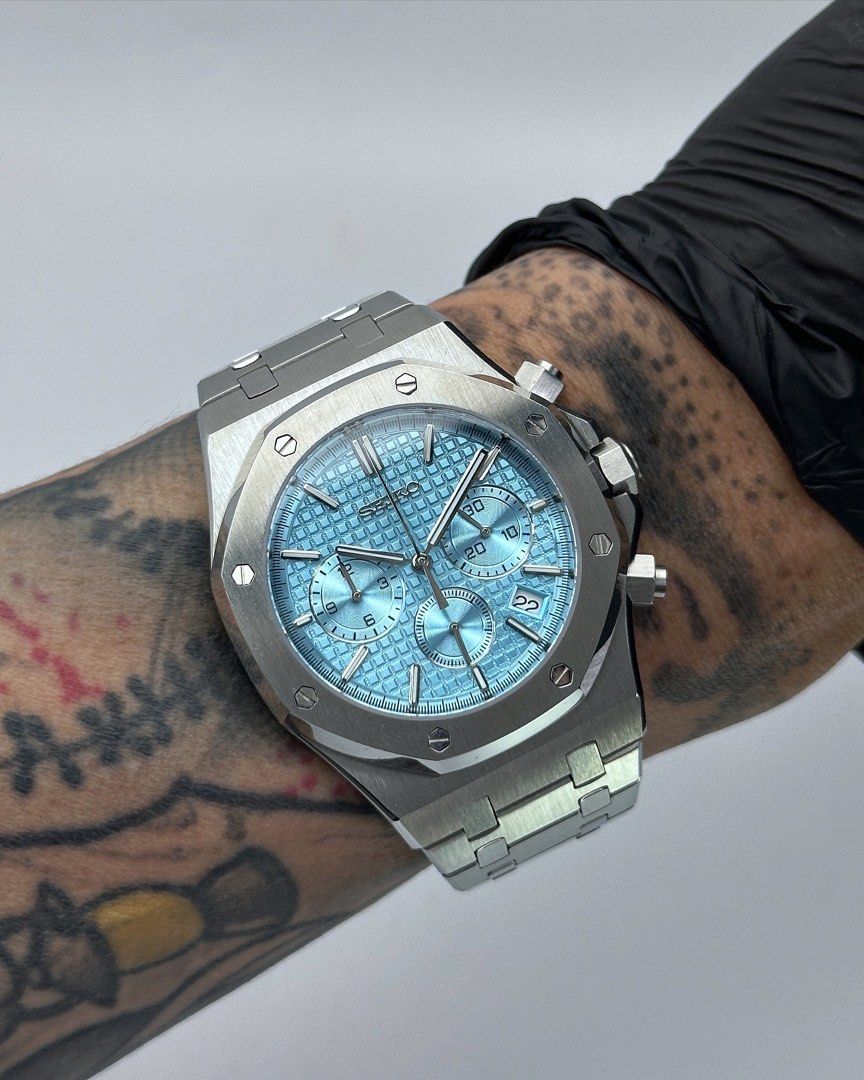 Custom Seiko Mod 42mm Ice Blue Quartz Chronograph AP Royal Oak, Men's ...