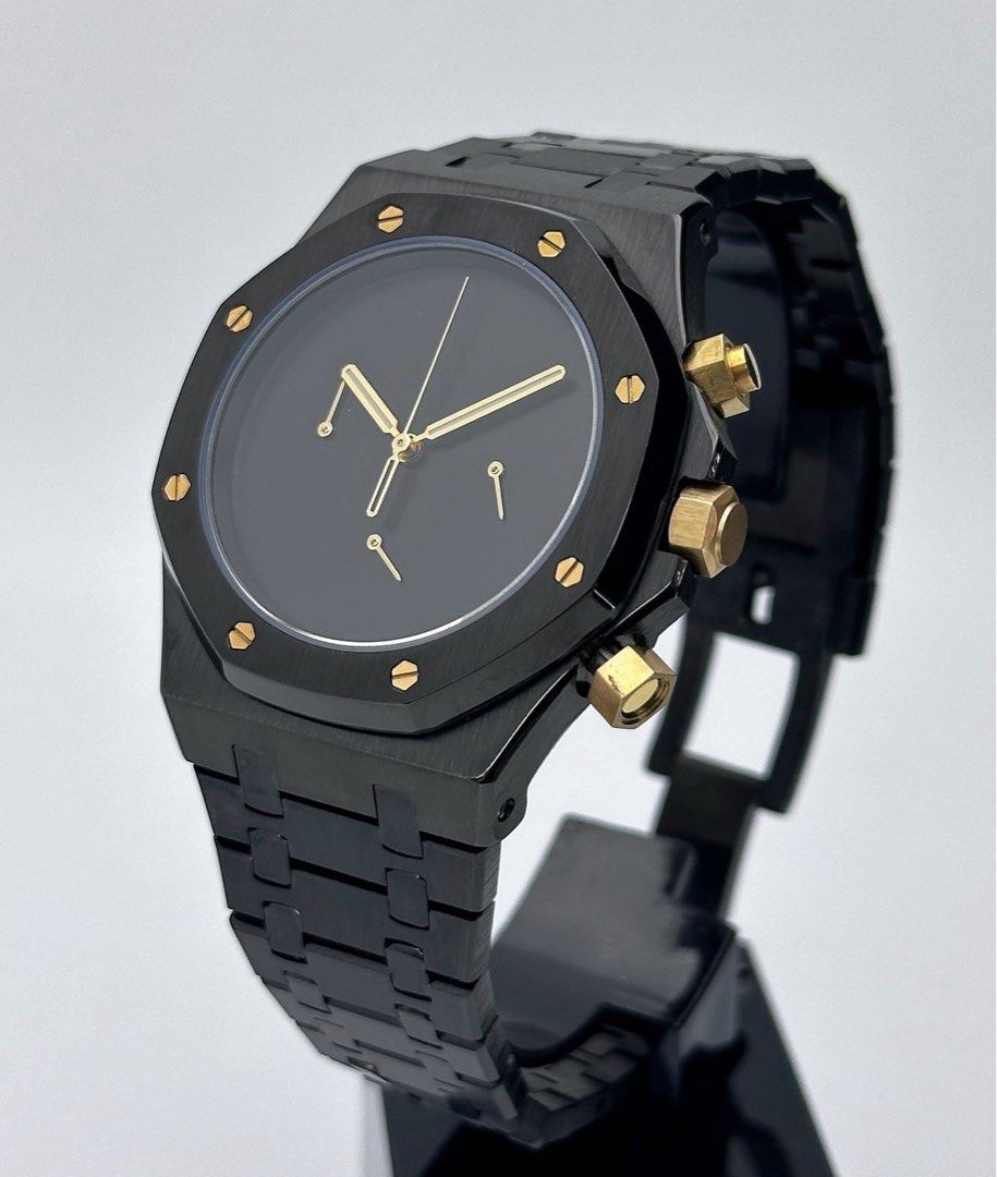 Custom Seiko Mod 42mm Sterile Black Gold AP Quartz Chronograph Watch ...