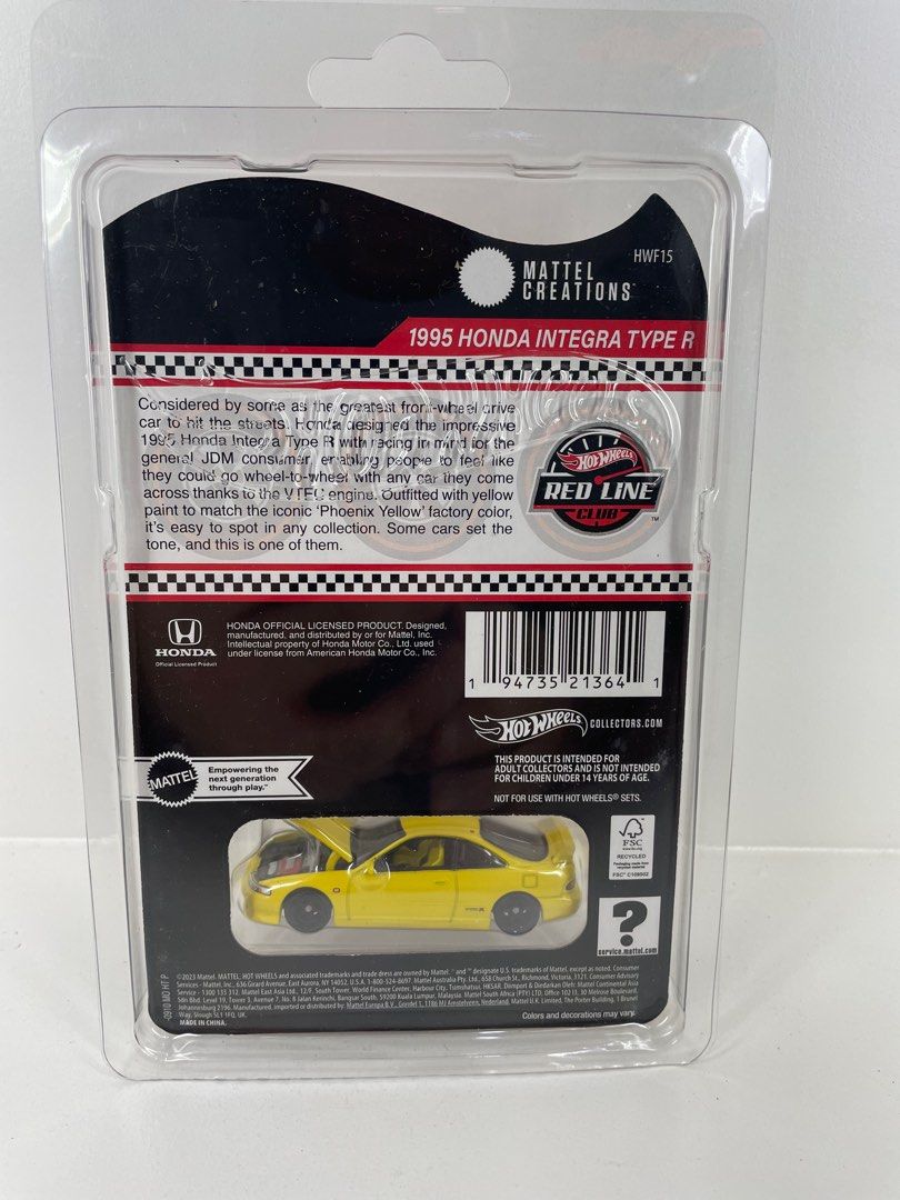Hot Wheels 2024 RLC Exclusive 1995 Honda Integra Type-R Yellow, Hobbies ...