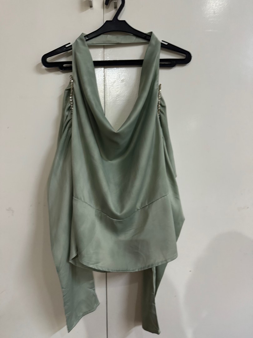 Sage green satin top, Women's Fashion, Tops, Blouses on Carousell