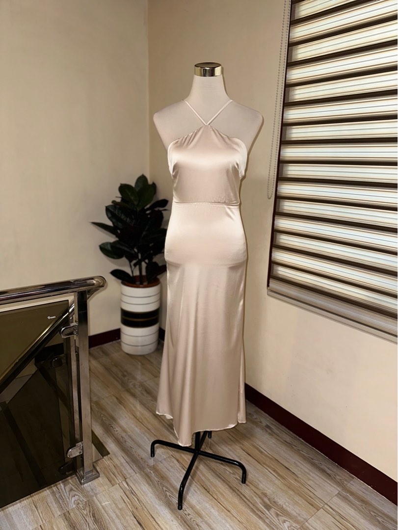 S-L Mocha Beige Halter Neck Silk Satin Dress, Women's Fashion, Dresses & Sets, Evening dresses ...