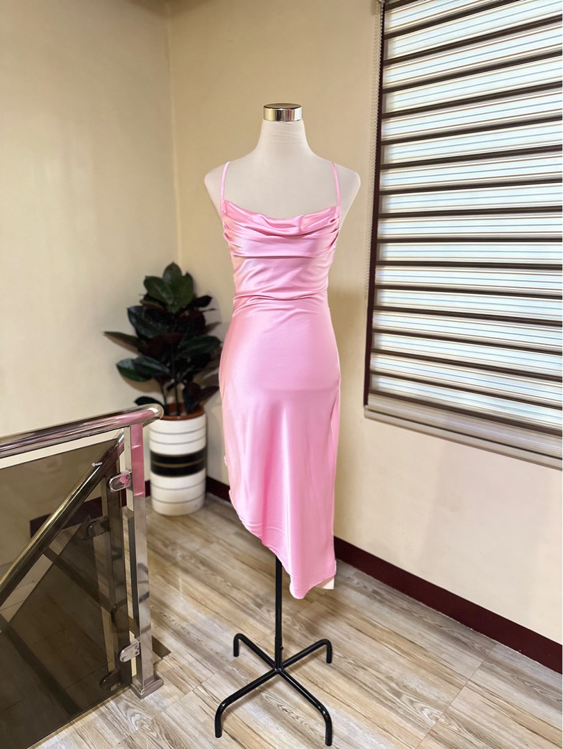 XS-M Sexy Cowl Neck Pleated Chest Asymmetrical Hem Baby Pink Silk Satin Dress, Women's Fashion ...