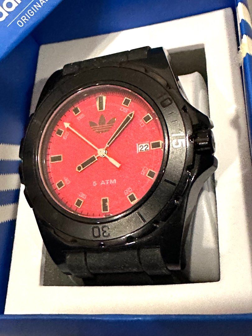 Authentic ADIDAS ORIGINAL Watch with date Red dial Black Case Rubber ...