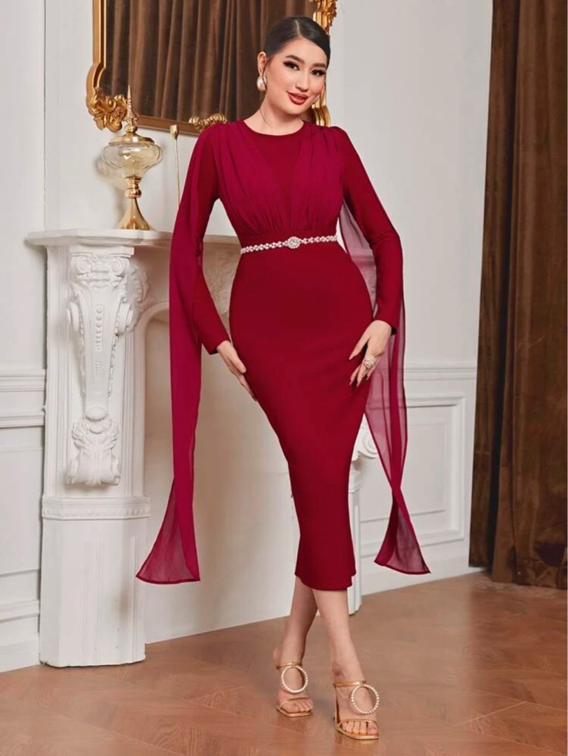 Dark Red Fitting Dress with Cloak, Women's Fashion, Dresses & Sets ...
