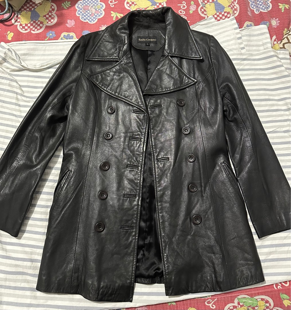 EMILIO CARDUCCI GENUINE LEATHER DOUBLE BREASTED BLACK PEACOAT, Women's ...