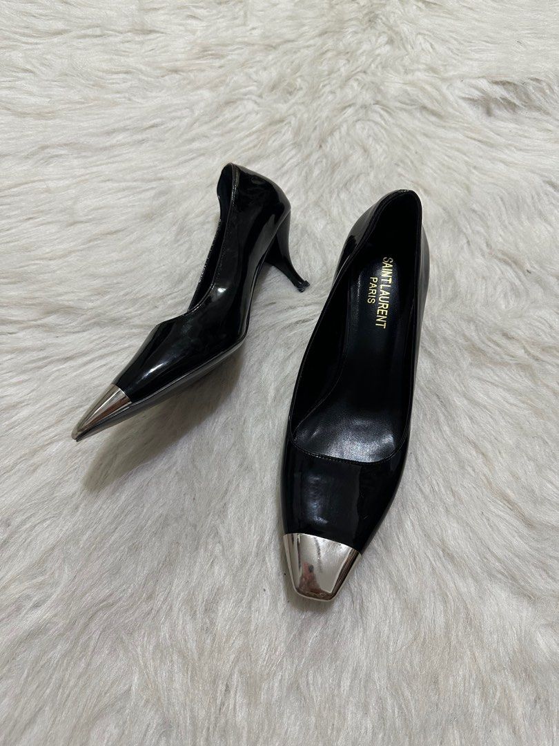 YVES SAINT LAURENT YSL Metallic Toe Pumps Cap Square Patent Leather ...