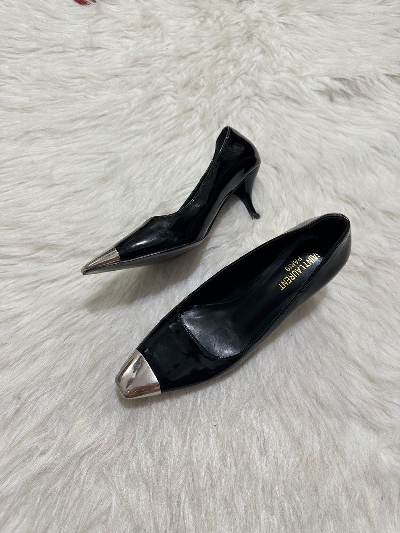 YVES SAINT LAURENT YSL Metallic Toe Pumps Cap Square Patent Leather ...