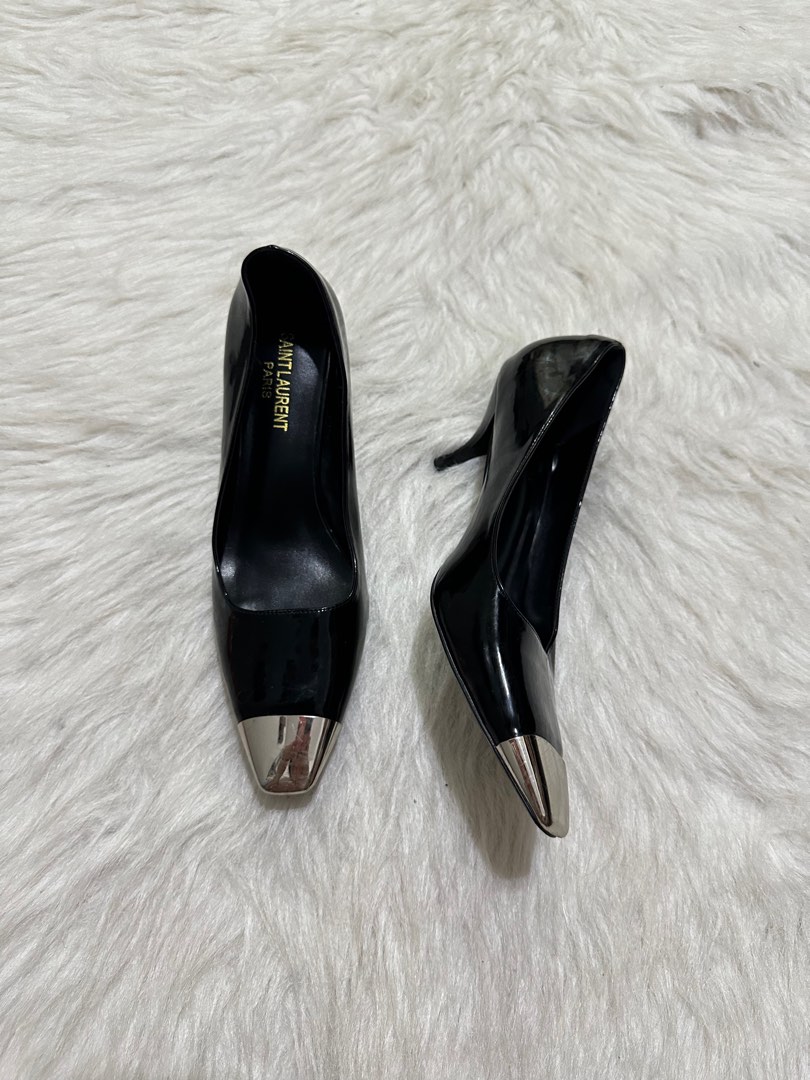 YVES SAINT LAURENT YSL Metallic Toe Pumps Cap Square Patent Leather ...