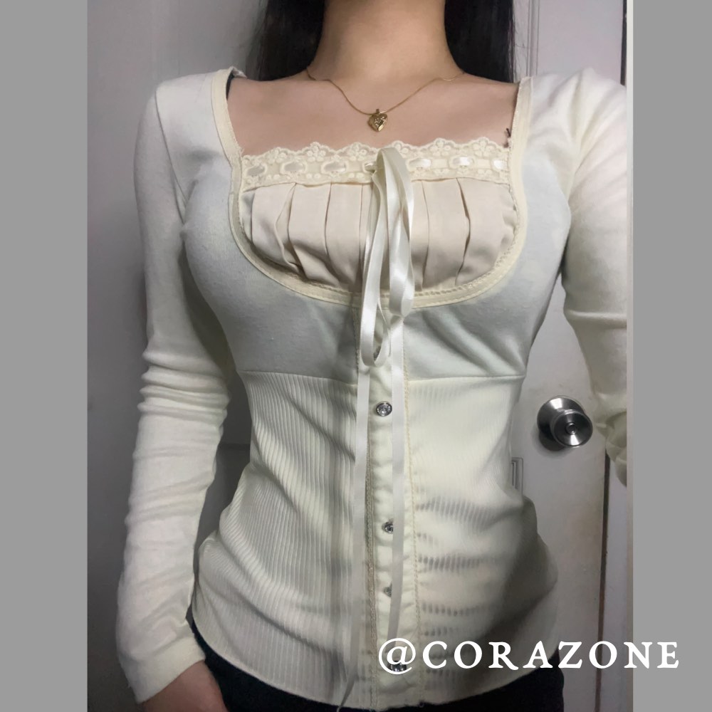 Coquette Soft Dainty Cream Top with Ribbon and Lace, Women's Fashion ...
