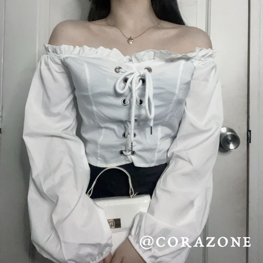 Dainty Elegant White Ruffled Top with Puff Long Sleeves Off shoulder ...