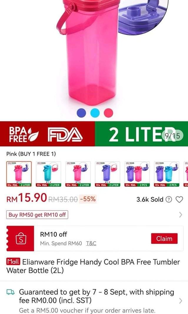 Elianware 2L water bottle(pink), Furniture & Home Living, Kitchenware ...