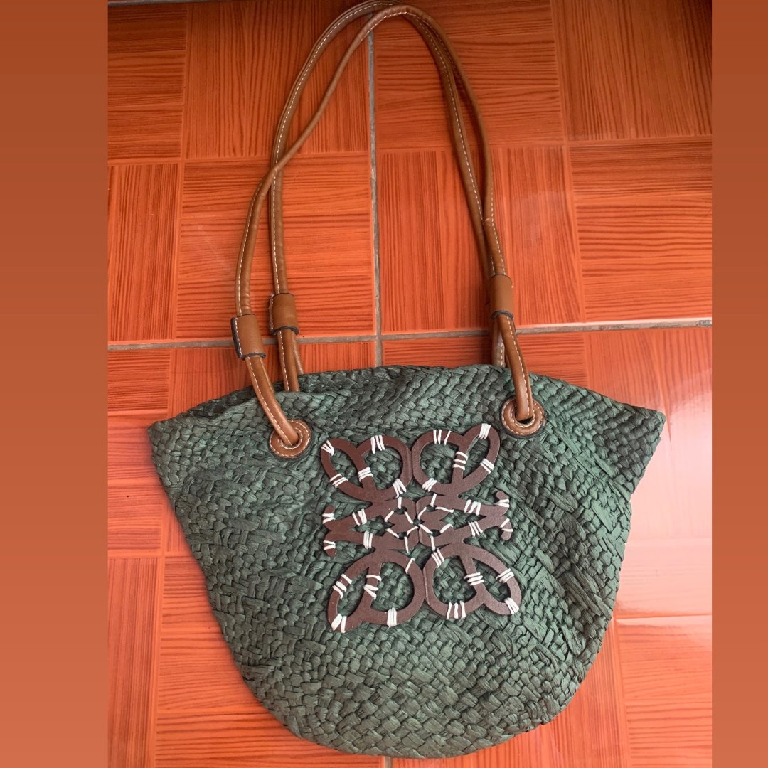 LOEWE Green and Brown Woven Rattan Beach Shoulder Bag - Casual Outing ...