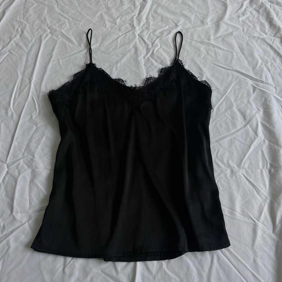Vintage Black Satin Silk Lace Slip Top, Women's Fashion, Tops ...