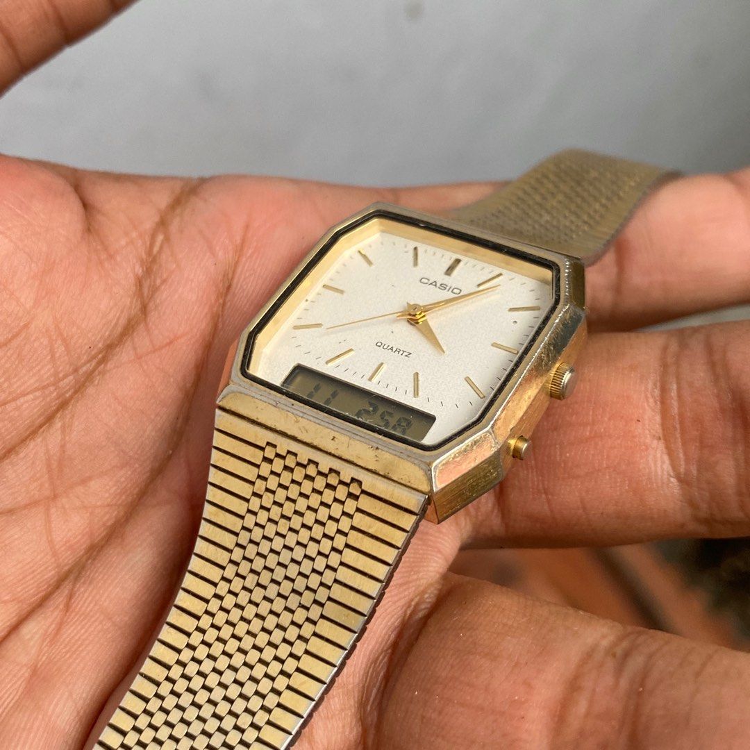 80’s CASIO (カシオ) AQ-424 Tank Gold, Fesyen Pria, Jam Tangan di Carousell