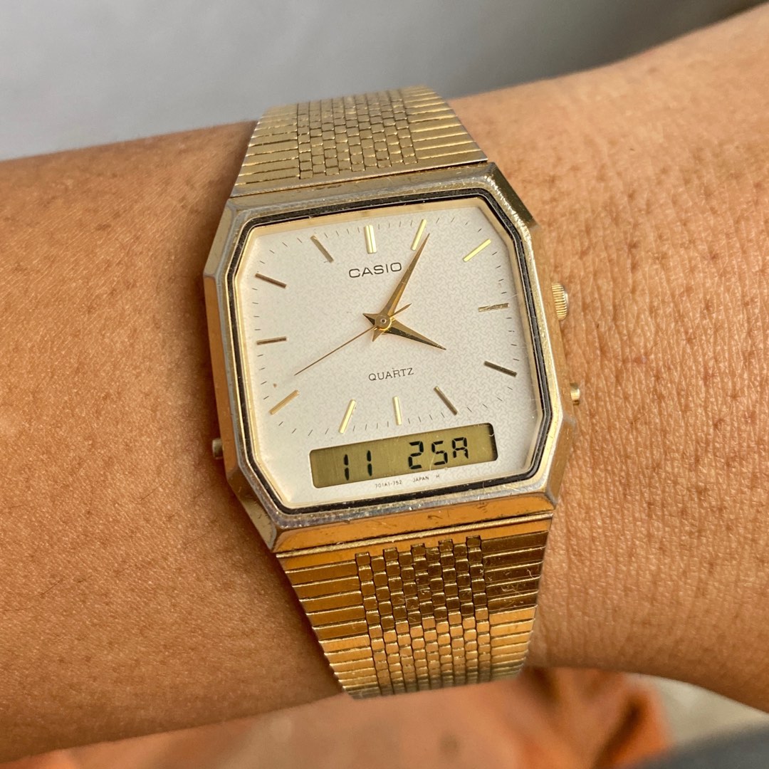 80’s CASIO (カシオ) AQ-424 Tank Gold, Fesyen Pria, Jam Tangan di Carousell