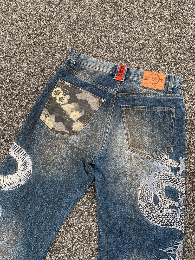 Karakuri Tamashii Dragon x Snake Embroidered Jeans, Men's Fashion ...