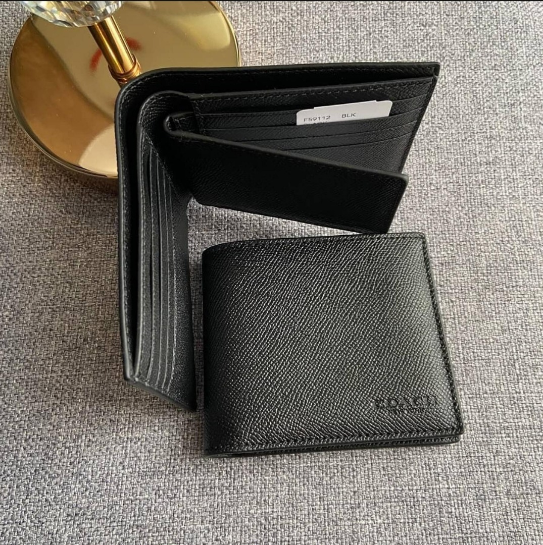 Coach F59112 Compact ID Wallet in Black Crossgrain Leather with ...