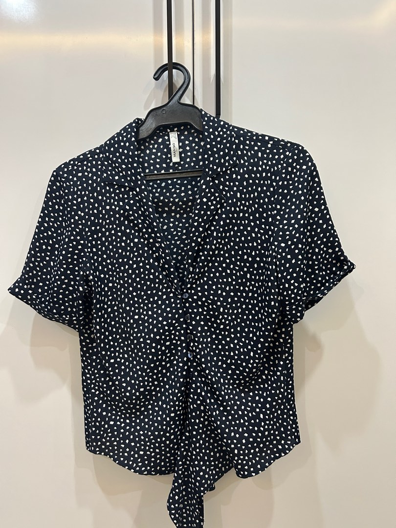 Mango Navy Blue with White Polka Dots, Women's Fashion, Tops, Blouses ...