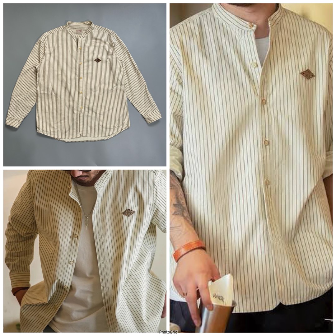 TICKING STRIPE GRANDAD COLAR STRIPE HERITAGE, Men's Fashion, Tops ...