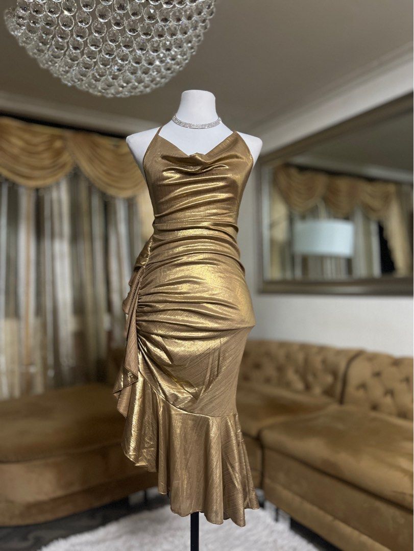 FOR SALE METALLIC GOLD RUFFLE MERMAID STYLE DRESS PERFECT FOR FORMAL EVENTS CORPORATE EVENTS ...