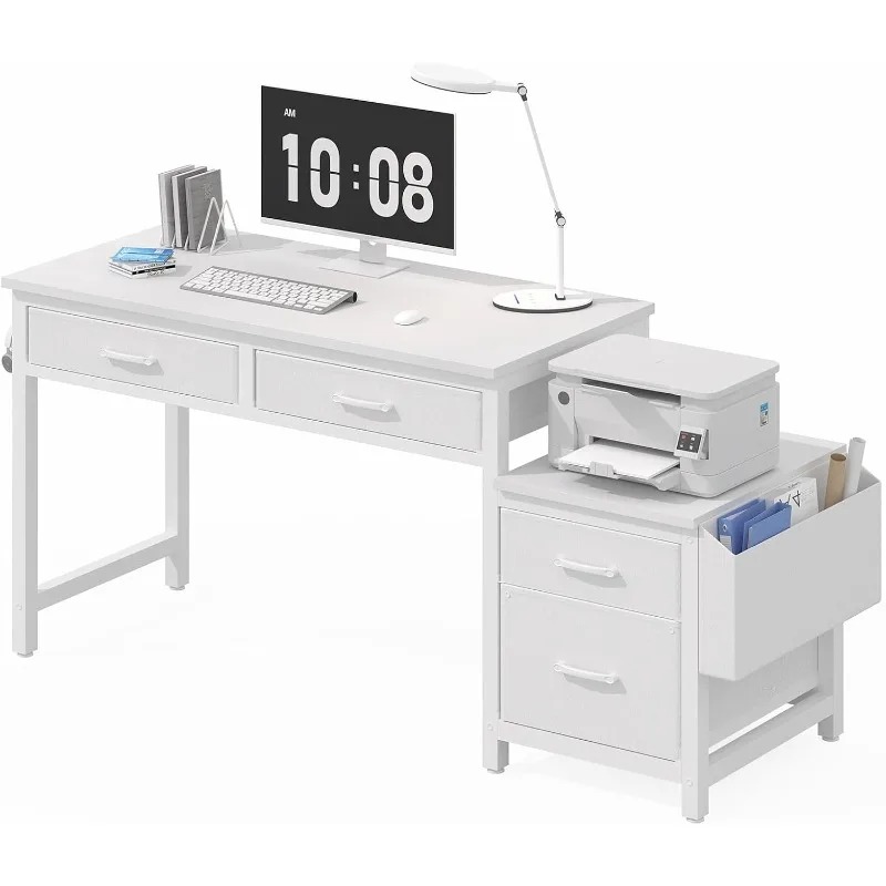 White Computer Desk with Fabric File Drawers Cabinet, 40 Inch Home ...