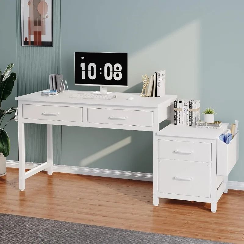 White Computer Desk with Fabric File Drawers Cabinet, 40 Inch Home ...