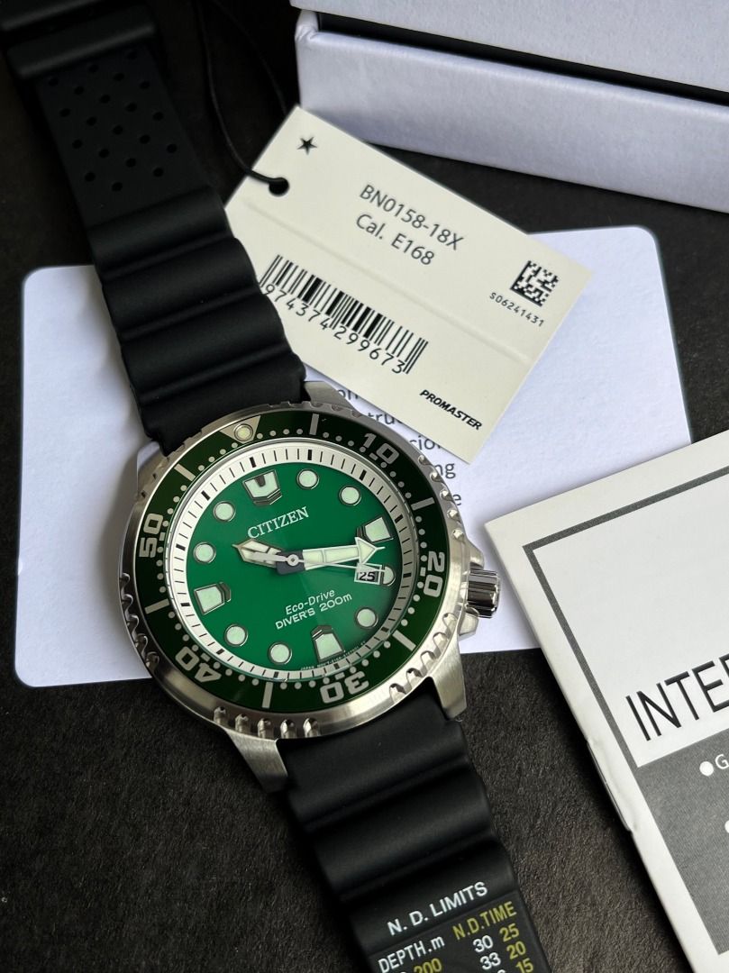 BNEW AUTHENTIC! Citizen Promaster Diver Watch BN0158-85X Eco-Drive Green Dial Stainless Steel ...