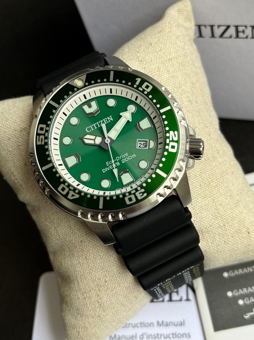 BNEW AUTHENTIC! Citizen Promaster Diver Watch BN0158-85X Eco-Drive Green Dial Stainless Steel ...
