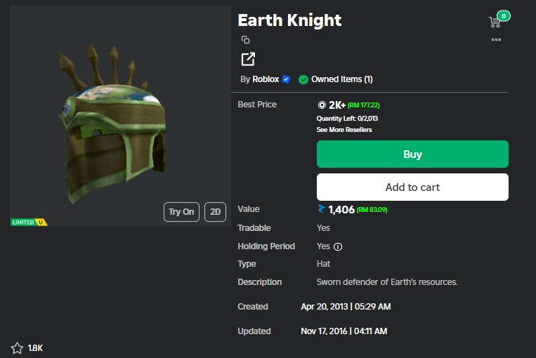 Earth Knight Roblox Limited, Video Gaming, Gaming Accessories, Virtual ...