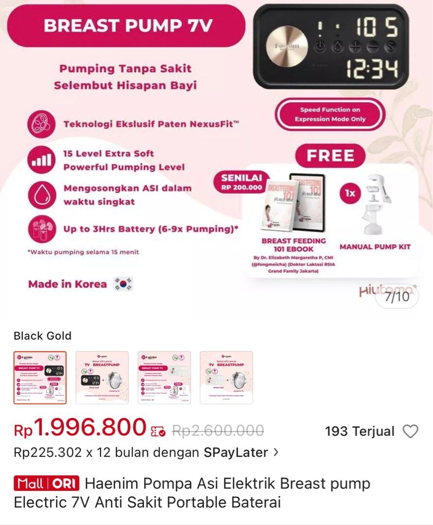 Haenim Pompa Asi Elektrik Breast pump Electric 7V Anti Sakit Portable ...