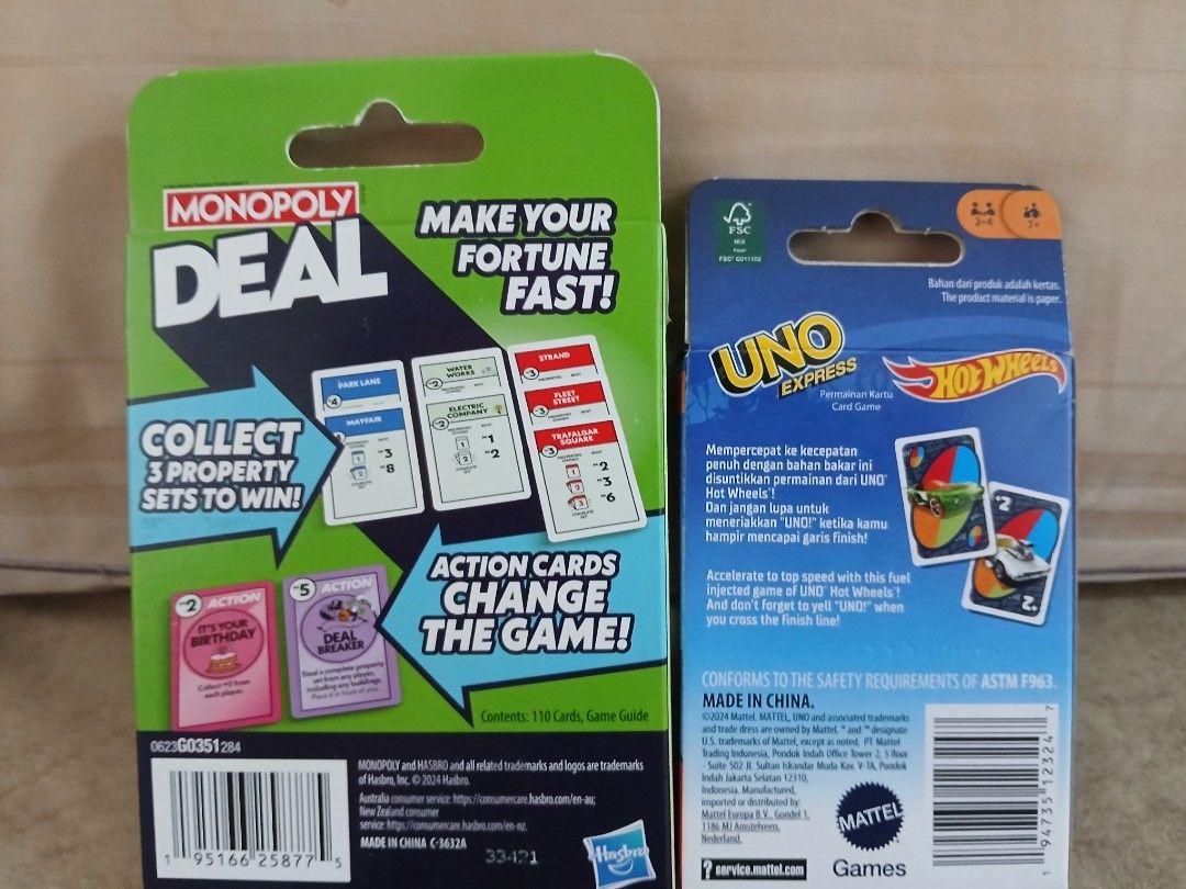 Monopoly Deal & Uno Hasbro Mattel Fun Games Card Sealed Pack Party ...