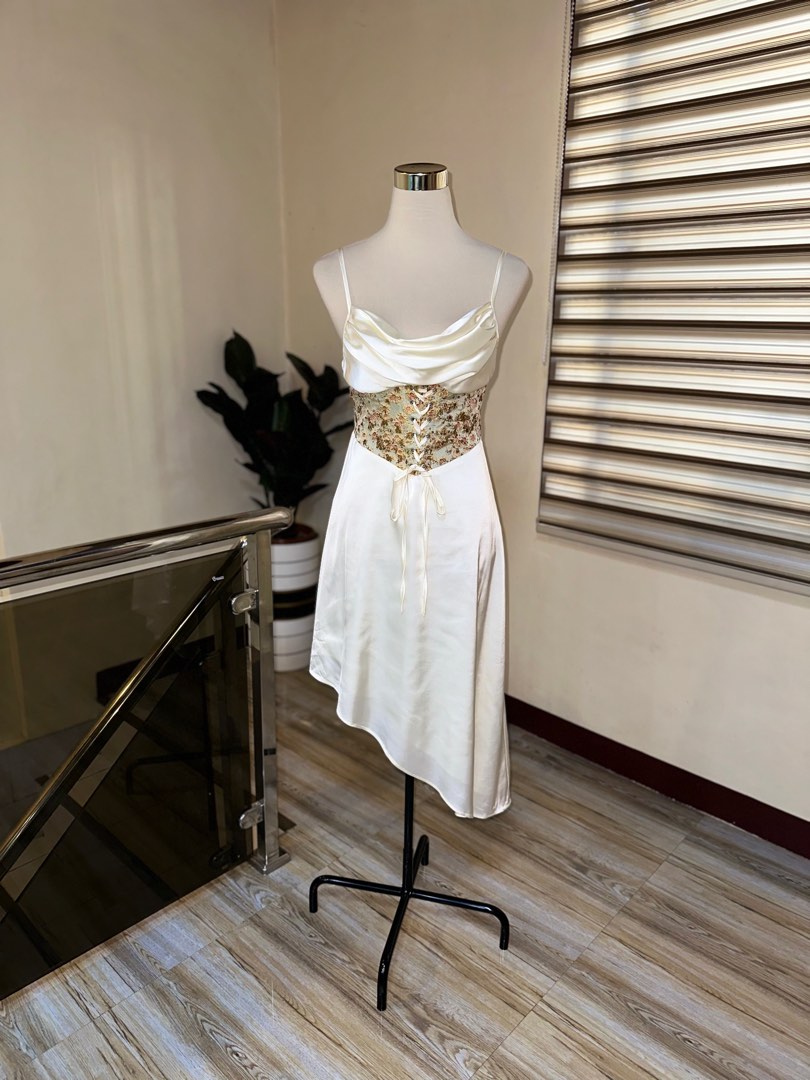 S-L Bustier Corset Asymmetrical Hem Cream Silk Satin Dress Event Dress Pirate Dress Coquette ...