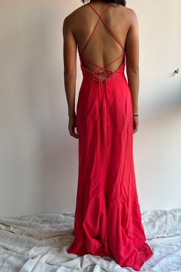 vintage thrifted y2k hollywood glam red beaded sparkly ruffle slit ...